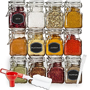 (3 oz) Small Square Glass Jars with Airtight Round Lids, Empty Spice Containers with Labels, Leak Proof Rubber Gasket and Hinged Lid, Chalkboard Label & Marker Included, For Home or Kitchen (12 Pack)