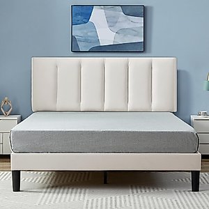 VECELO Full Bed Frames, Upholstered Platform Bedframe, Adjustable Headboard, Wood Slat Support, No Box Spring Needed, Easy Assembly, White