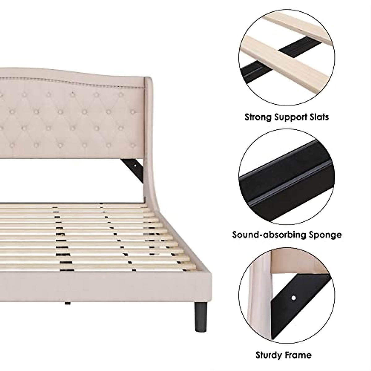 HOSTACK Full Size Bed Frame, Modern Upholstered Platform Bed with Wingback Headboard, Heavy Duty Button Tufted Bed Frame with Wood Slat Support, Easy Assembly, No Box Spring Needed(Beige, Full)