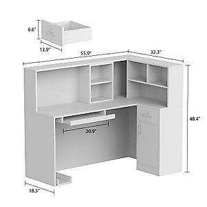 Hitow Modern Reception Desk Counter Table, L-Shap Reception Room Front Desk with Lockable Drawer & Open Shelves, Retail Counter for Salon Checkout Office, White (55.9" W x 32.3" D x 48.4" H)