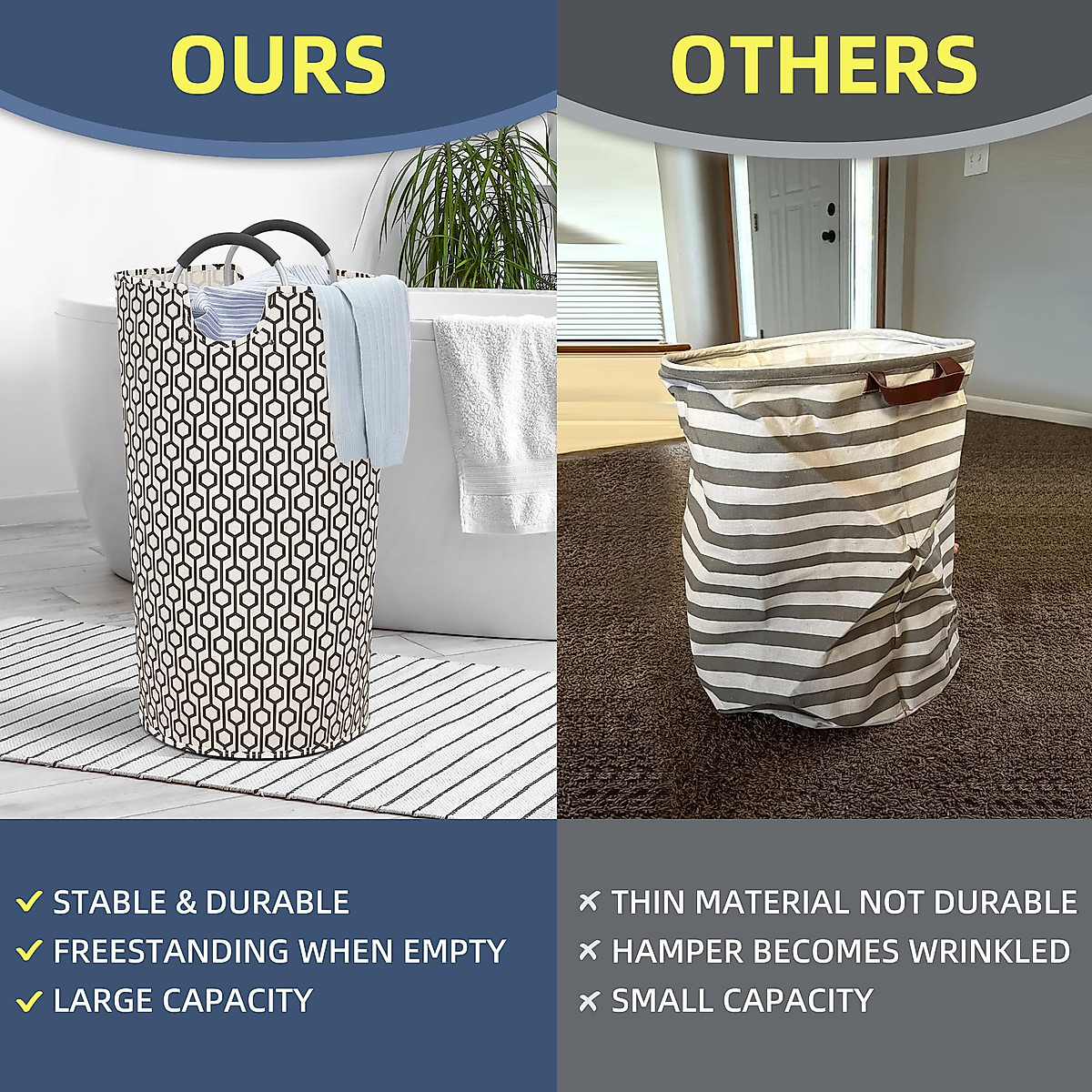 STORAGE MANIAC 2 Pack 90L Large Collapsible Freestanding Hamper, Waterproof Laundry Bag with Padded Handles, Folding Tall Clothes Hamper, Hexagon