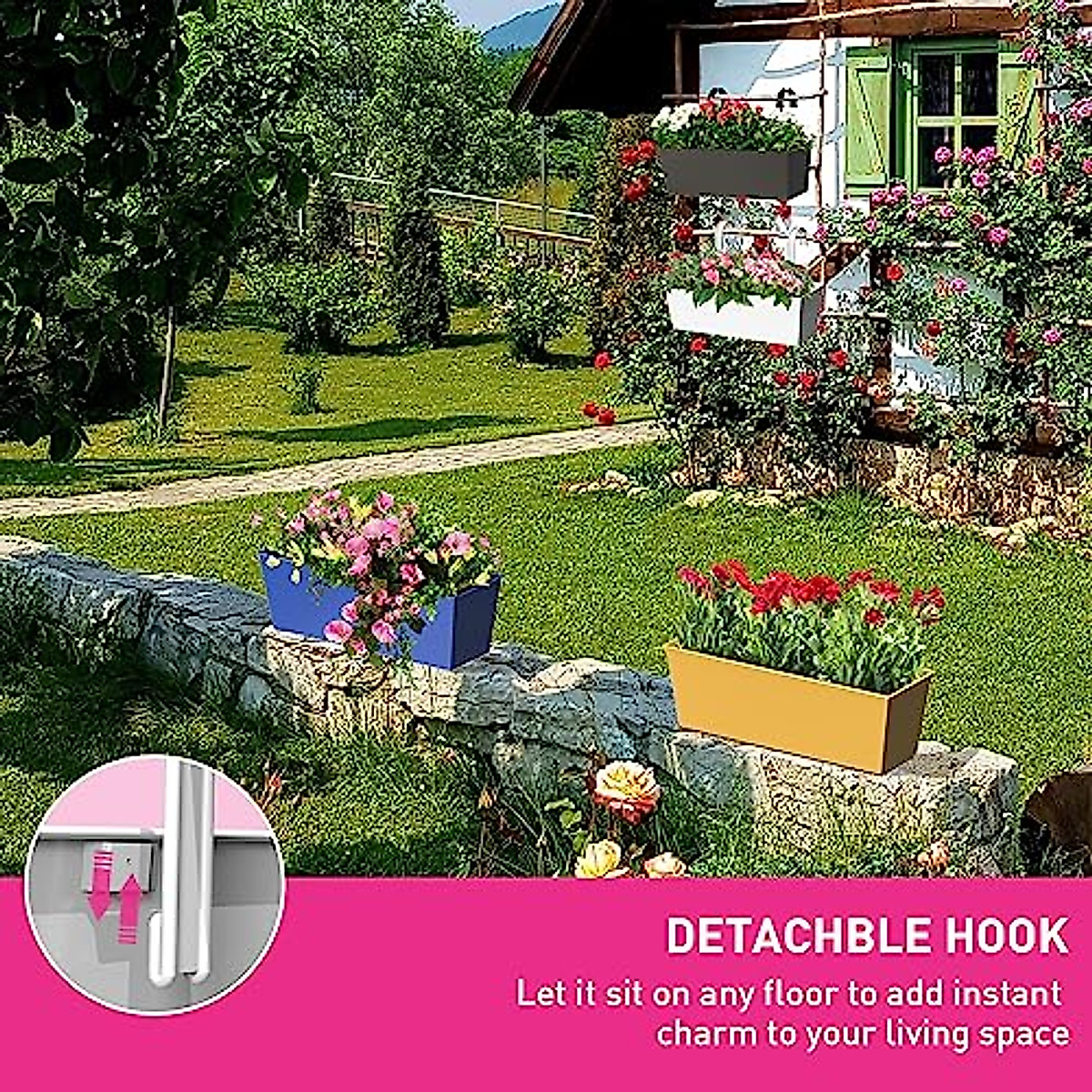 PINFENGJIAJU 24 Inch Metal Iron Hanging Planters 2 Pack, Large Rectangular Hanging Flower Pots with Detachble Hooks, Deck Rail Fence Balcony Hanging Planter Boxs with Drainage Holes(Shimmerry Brown)