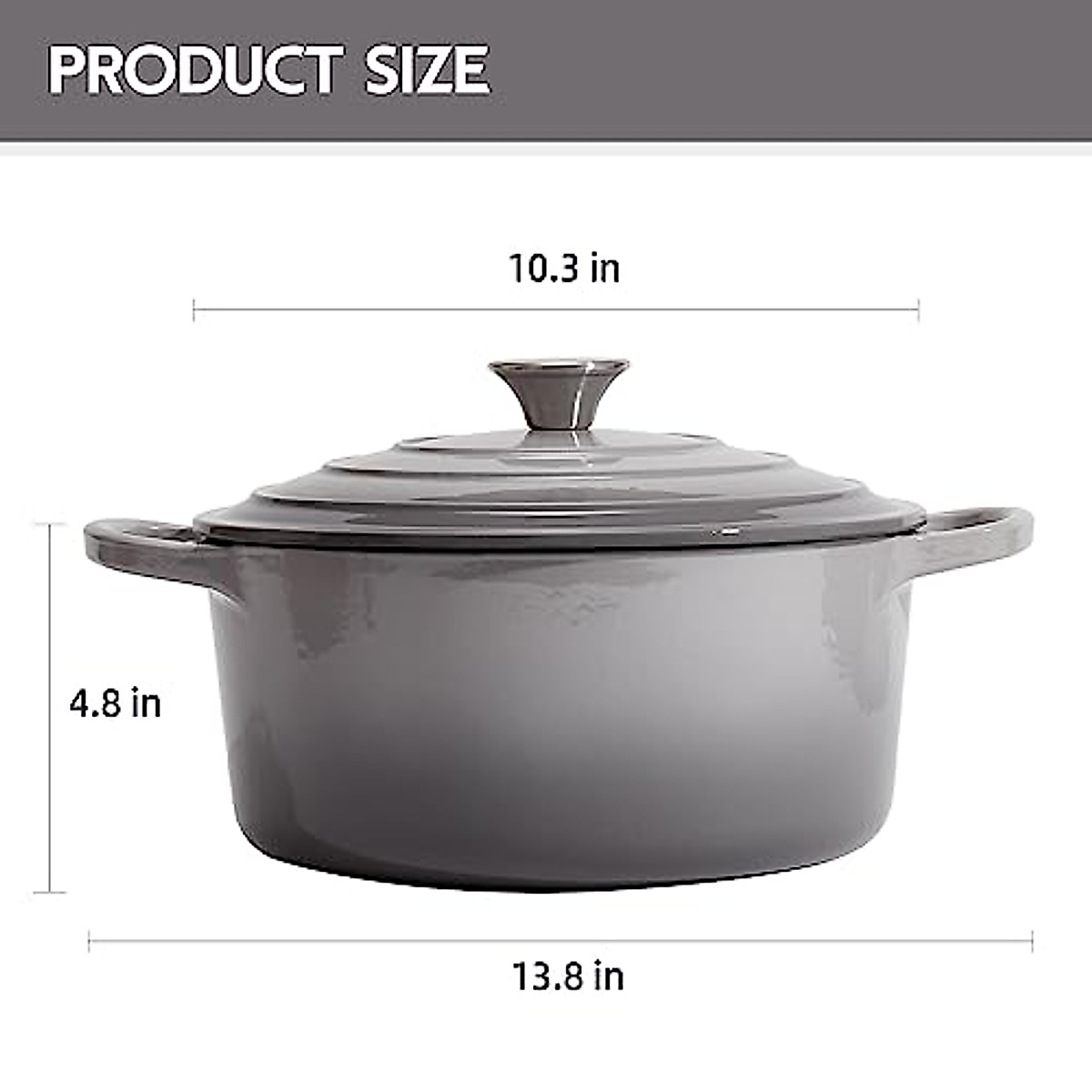 Alathote 6 Quart Enameled Cast Iron Dutch Oven with Lid - Big Dual Handles - Oven Safe up to 500°F - Classic Round Pot for Versatile Cooking Light Gray