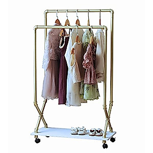 Child Clothes Rack, Kids Garment Rack Armoire Dress-up Closet, Rolling Pipe Open Clothing Rack with Wood Storage Shelf, Industrial Modern Kids Wardrobe Costume Organizer Center with 2 Hanging Rods