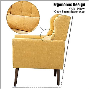 HBRR Mid Century Modern Accent Chair, Upholstered Button Tufted Single Armchair with Tapered Wood Legs, Chenille Fabric Reading Sofa for Bedroom, Living Room, Yellow