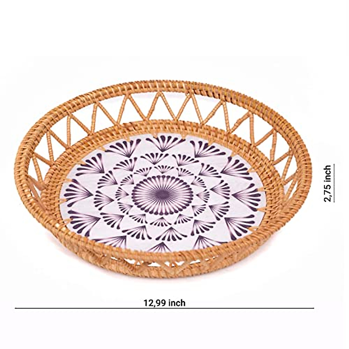 BemiaoCrafts 13" Round Boho Rattan Tray with Wooden Base, Decorative Tray, Rustic Style, Lacquer Serving Basket for Breakfast Food, Round Tray as Coffee Table Decor, Storage and Display