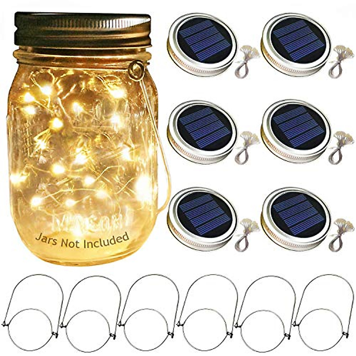 Solar Mason Jar Lid Lights, 6 Pack 30 Led String Fairy Star Firefly Jar Lids Lights,6 Hangers Included(Jars Not Included), Best for Mason Jar Decor,Patio Garden Decor Solar Laterns Table Lights