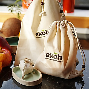 EKOH Organic Cotton Reusable Produce Bags - Set of 6 Drawstring Bags 3 Sizes -Shopping and Storing Fruit, Vegetables, Bread, Herbs, Nuts Fabric Bags - Eco Washable Bag (Organic Cotton Muslin 6 Pack)
