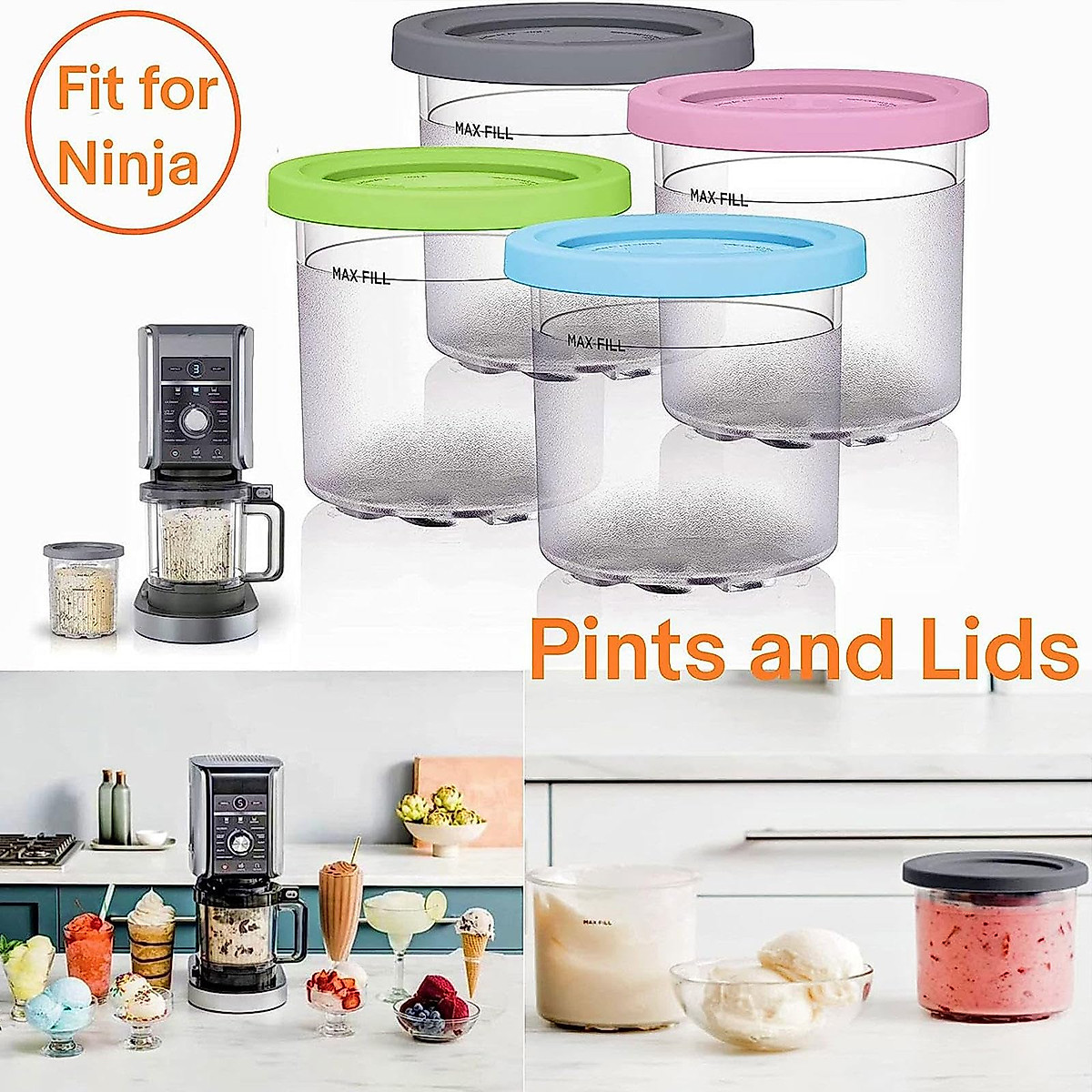 Creami Pints and Lids, for Ninja Cremini Extra Pints, Creami Deluxe Pints Bpa-Free,Dishwasher Safe Compatible with NC299AMZ,NC300s Series Ice Cream Makers