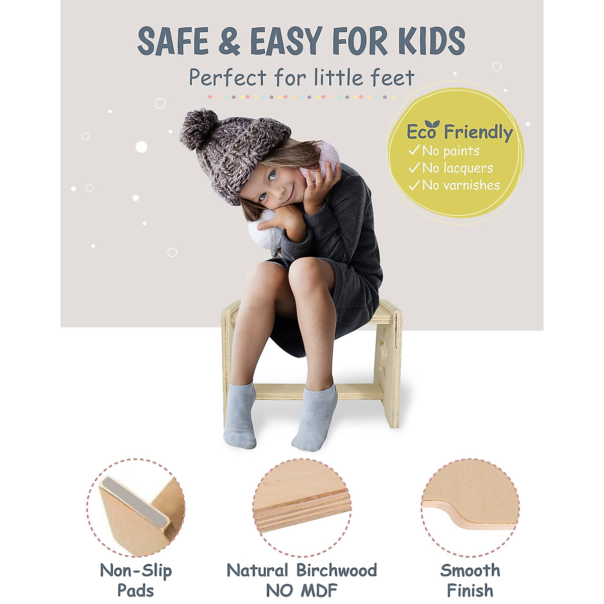 Wooden Toddler Step Stool for Kids 2 Pack - Non Slip Unfinished Wood Single Step Stools for Children - Ideal for Child Toilet, Bathroom, Kitchen, Sink, Potty Stool - Holds 200lbs