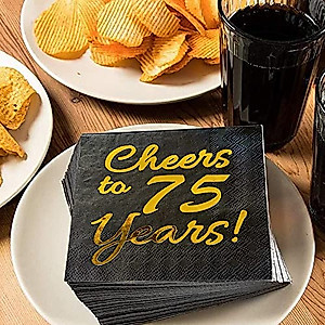 75th Birthday Decorations for Men Women Party Supplies Cocktail Napkins Black Gold 50 Pack,5"x 5" Folded, Cheers to 75 Years!