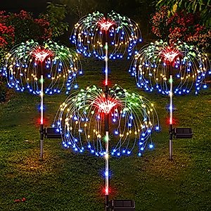 E-Kong Outdoor Solar Garden Lights 4 Pack, Upgraded 124 LEDs Outdoor Lights for Patio, Solar Fireworks Light with 2 Modes, IP65 Waterproof, Solar Pathway Lights for Yard, Garden, Walkway (Colorful)