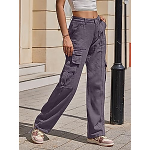Hiistandd Women's High Waisted Cargo Pants Cotton Wide Leg Casual Pants Combat Military Work Trouser(Dark Gray,S)