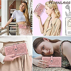 HUANLANG Women Wallets Large Ladies Leather Wallet with Coin Pocket RFID Wallet Organizer for Women with Wrist Strap (Pink)