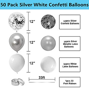 RIIMUHIR White Silver Confetti Party Balloons - 60 Pcs 12inch White Pearl Silver Metallic Chrome Latex Balloon Set with 33Ft Silver...