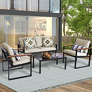 NATURAL EXPRESSIONS 4 Pieces Patio Furniture Sets,Metal Outdoor Patio Furniture Sets,Outdoor Sectional Furniture Patio Conversation Set,Wooden Anti-Scald Armrest,Sling Mesh,4" Olefin Cushions