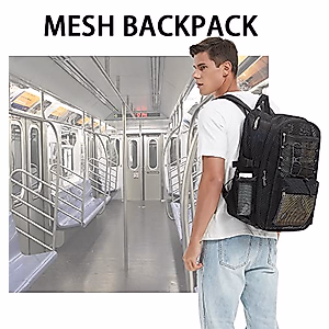 UEASE Mesh Backpack Heavy Duty for School, 29L Large Inches Mesh Bookbag for Adults, See Through Black Mesh School Bag with Laptop Pocket for Work Swimming Beach Fitness Sport