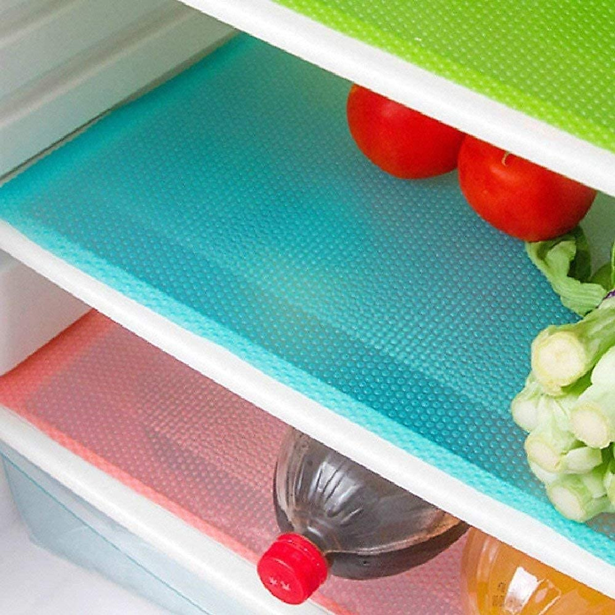Beairain 8 Pcs Refrigerator Mats Shelf Liner Washable Fridge Shelf Liners for Drawers Vegetables, Table Kitchen Cupboard Plastic Placemats Refrigerator Liners for Shelves Red/2 Green/2 Blue/4