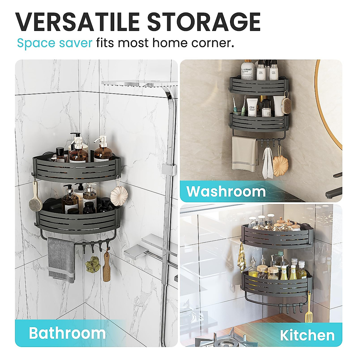 JIPORIER Corner Shower Caddy Suction Cup with 8 Hooks & 1 Towel Bar, 2 Pack Shower Shelves for Inside Shower, NO-Drilling Shower Organizer, Rustproof Shower Caddies Storage