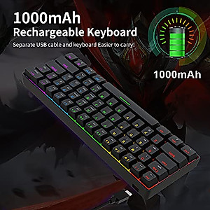 NACODEX STK61 2.4Ghz Wireless/Bluetooth/Wired 60% Mechanical Keyboard | 1000mAh Ultra Compact Rainbow Backlit Gaming Keyboard Wired Programmable for Win/Mac/PC Gamer