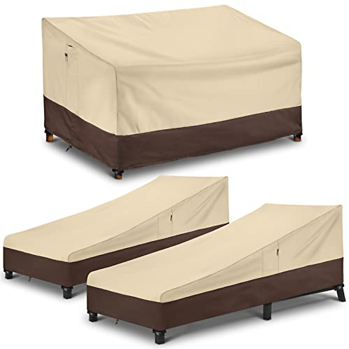 Arcedo 60 Inch Patio Sofa Cover and 2 Pack 80 Inch Patio Chaise Lounge Covers, Waterproof Outdoor Furniture Covers, Beige & Brown