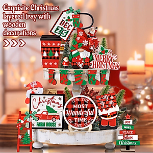 Tradder 14 Pcs Christmas Tiered Tray Decor Christmas Stockings Red Truck Xmas Tree Santa Gnome Merry Christmas Wooden Signs Christmas Table Decorations Rustic Farmhouse Decor for Home Table Shelf