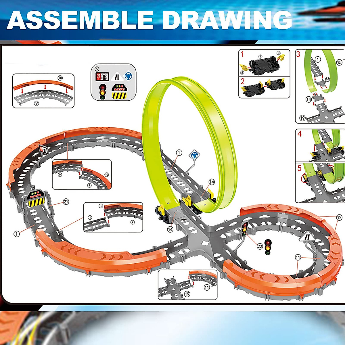 Race Car Track Set, Assembled Car Track Toys with 27 Pcs Building Kits, 2 High Speed Race Cars, 360° Loop X-type Crossing Track for Kids 3+ Ages Birthday (A Race Car Set)