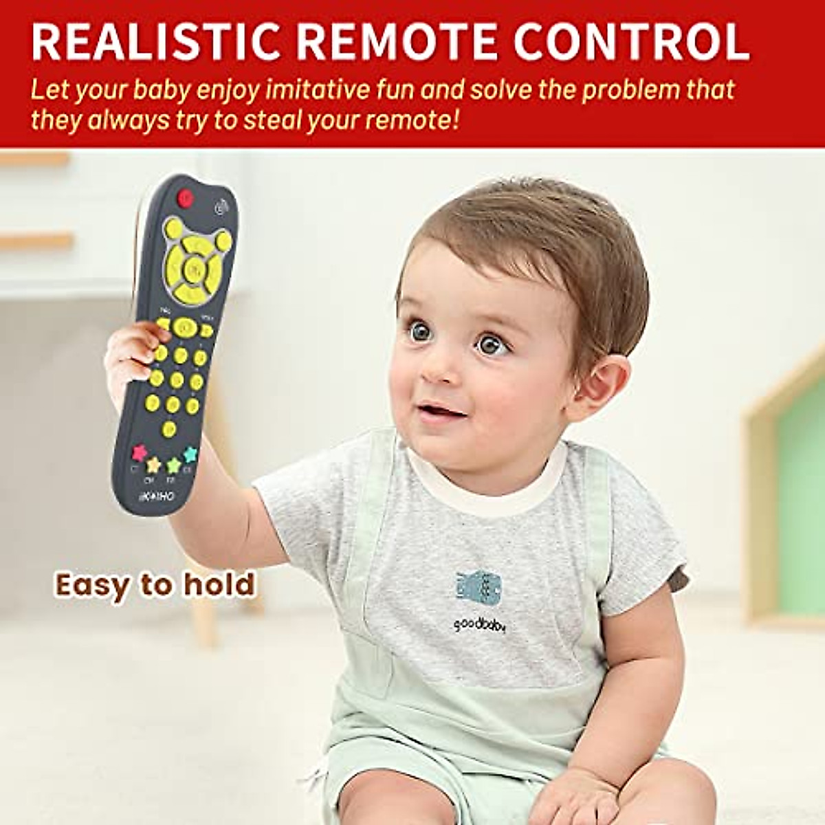 Baby Remote Control Toy with Light Sound Realistic Toddler TV Remote Toy with Adjustable Volume Kid Learning Education Musical Toys with English French Spanish Infant Gift for Boy Girl 6M+ (Gray)