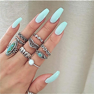 Cathercing 9 Pcs Turquoise Ring Set for Women Knuckle Vintage Rings Pack for Women Bohemian Rings Silver Joint Knot Rings Set Halloween Party Daily Gift (style 3)