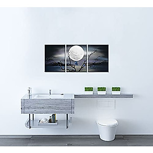 Zlove 3 Pieces Love Birds Tree Branch Canvas Wall Art Full Moon Blue Bird Tree Landscape Picture Print for Modern Home Bedroom Decor Stretched and Framed Ready to Hang 12x16inchx3pcs