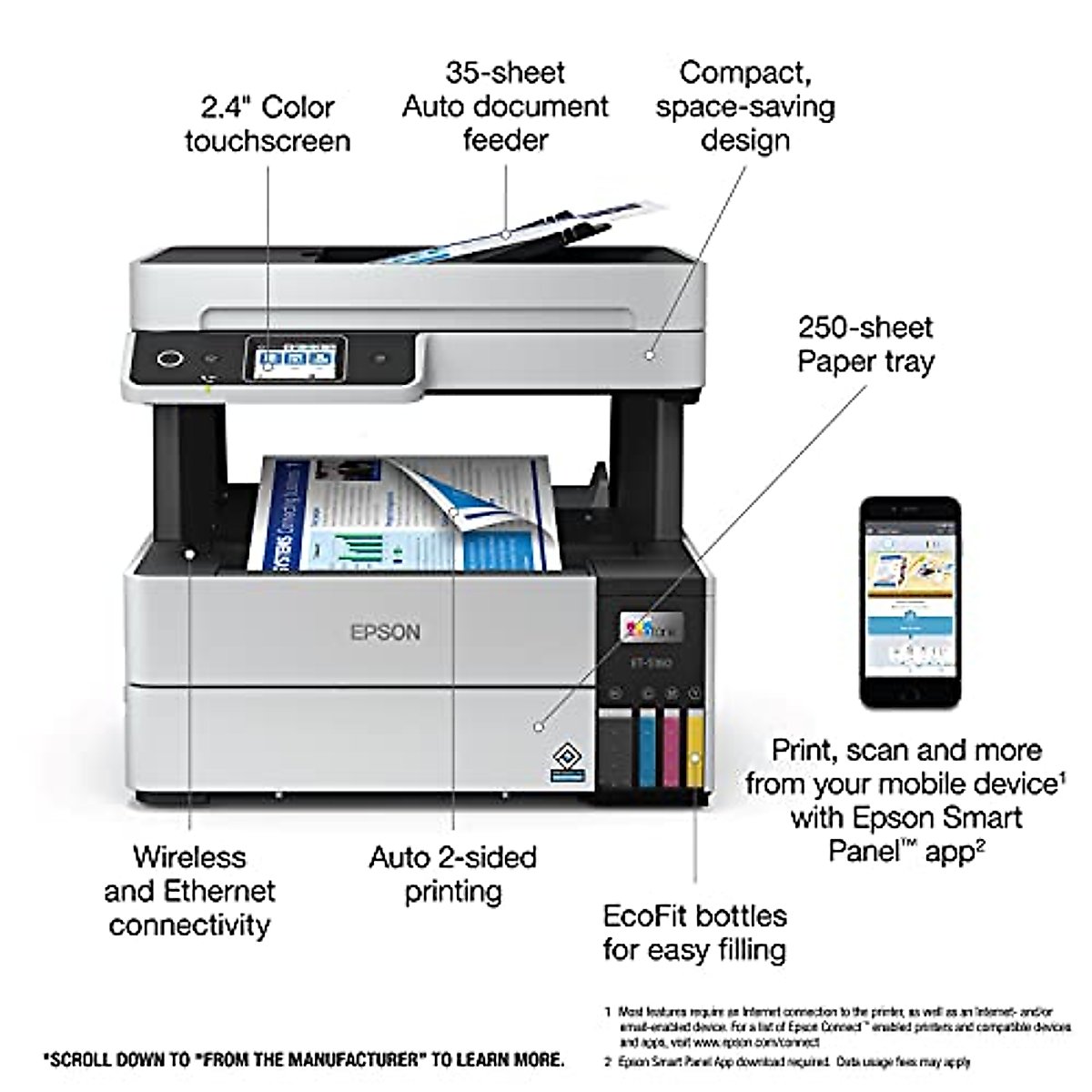 Epson EcoTank Pro ET-5180 Wireless Color All-in-One Supertank Printer with Scanner, Copier, Fax Plus Auto Document Feeder and PCL/Postscript, White