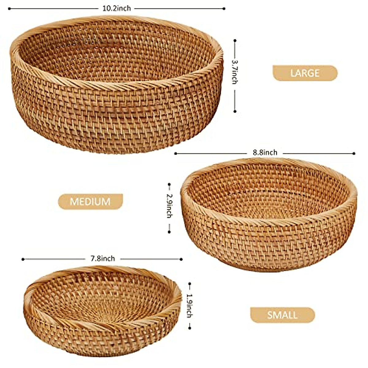 Natural Rattan Round Fruit Basket Bowls, Hand Woven Decor Serving Baskets, Wicker Storage for Dinning Room (Round Large)