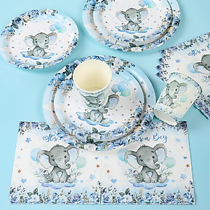 Boy Elephant Baby Shower Decorations Plates - Blue Elephant Plates Disposable Cups,Napkin with Blue flowers for 24 Elephant Theme Party Supplies,Baby Shower Wedding Birthday Party