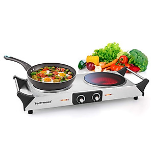 Techwood Electric Stove, Double Infrared Ceramic Hot Plate for Cooking, Two Control Cooktop Burner, Portable Anti-scald handles Suitable for Office/Home/Camp Use, 1800W Compatible for All Cookwares