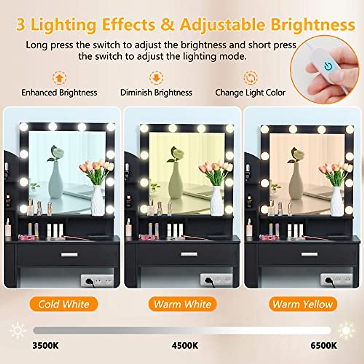 Quimoo Vanity Desk with Mirror and 10 LED Lights, Makeup Vanity with Charging Station and 4 Drawers Chest & Shelves, Vanity Set, Vanity Table with Cushioned Stool, for Bedroom, Black