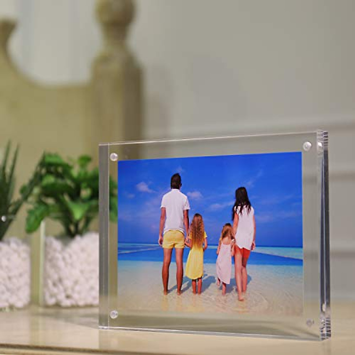 Meetu Acrylic Picture Frame 4x6,Clear Freestanding Double Sided 20mm Thickness Frameless Magnetic Photo Frames Desktop Display with Gift Box Package(5 Pack)