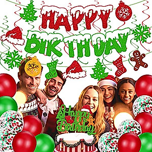 Christmas Birthday Decoration Happy Birthday Banner Christmas Cake Topper Red Green Hanging Swirls Balloons for Merry Christmas Tree Winter Snow Happy New Year Theme Party Supplies