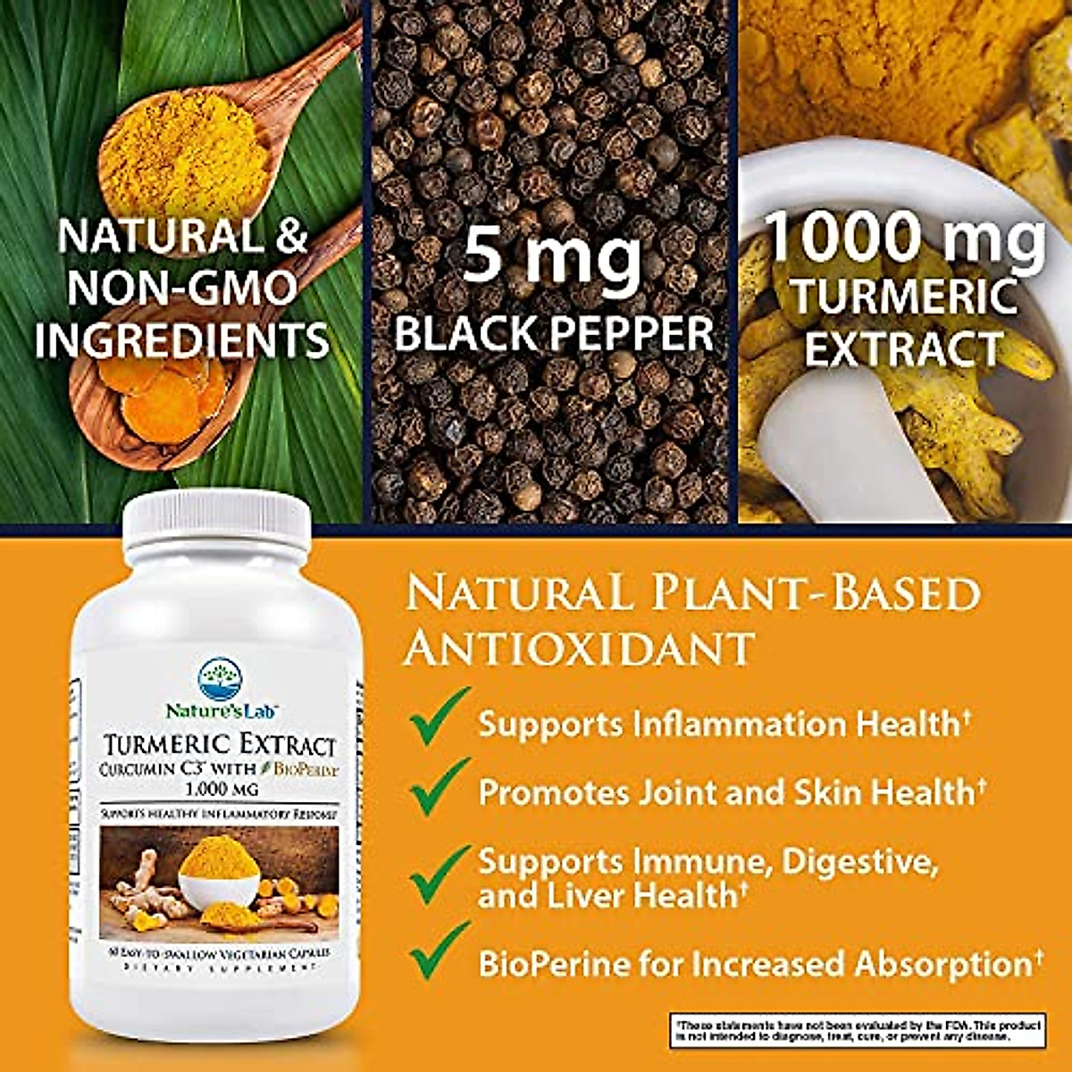 Nature's Lab Turmeric Extract with Curcumin C3 & BioPerine 1000mg - Promotes Cardiovascular, Digestion and Immune Health - 60 Capsules (30 Day Supply)