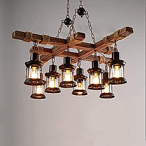 8 Lights Industrial Wooden Hanging Lighting Black Metal Chandelier Farmhouse Vintage Pendant Lamp Glass Lampshade for Pool Table Kitchen Island Bar Retro Ceiling Light Height Adjustable Fixture