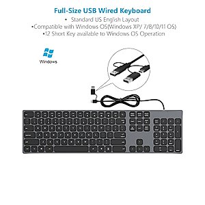 9H Aluminum USB Wired Keyboard with Numeric Keypad for PC Windows 10/8 / 7 / Vista/XP
