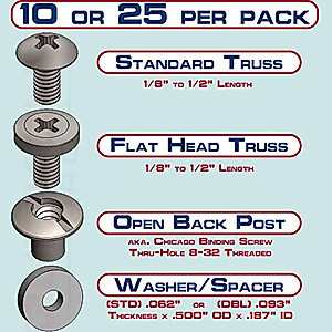 Black Chicago Screw - Thru Hole Binding Post Kit 1/8, 1/4, 3/8, 1/2 Inch Machine Screw Fasteners + Rubber Washers, QuickClipPro Kydex Leather Holster Sheath (3/8" - 10 Pack)