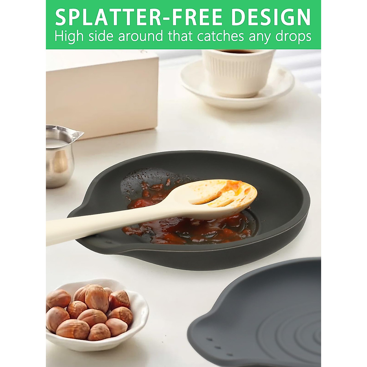 LOMILD 2 Pcs Spoon Rest for Stove Top Silicone, 6.1" Large Stove Spoon Holder for Spatula, Tongs or Spoon, Kitchen Counter Decor, Gray & Black