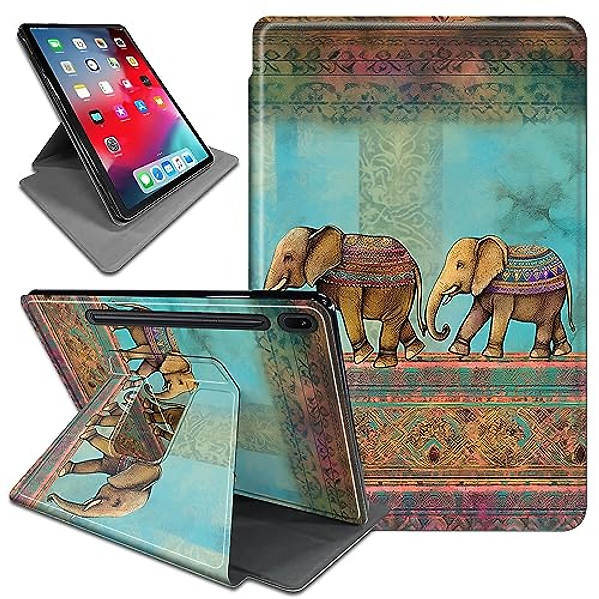 for Samsung Galaxy Tab S8 Plus 2022/S7 FE 2021/S7 Plus 2020 12.4 Inch Case, 360 Degree Rotating Cover,PU Leather Folding Stand Cover with Auto Wake/Sleep,Mural Elephant