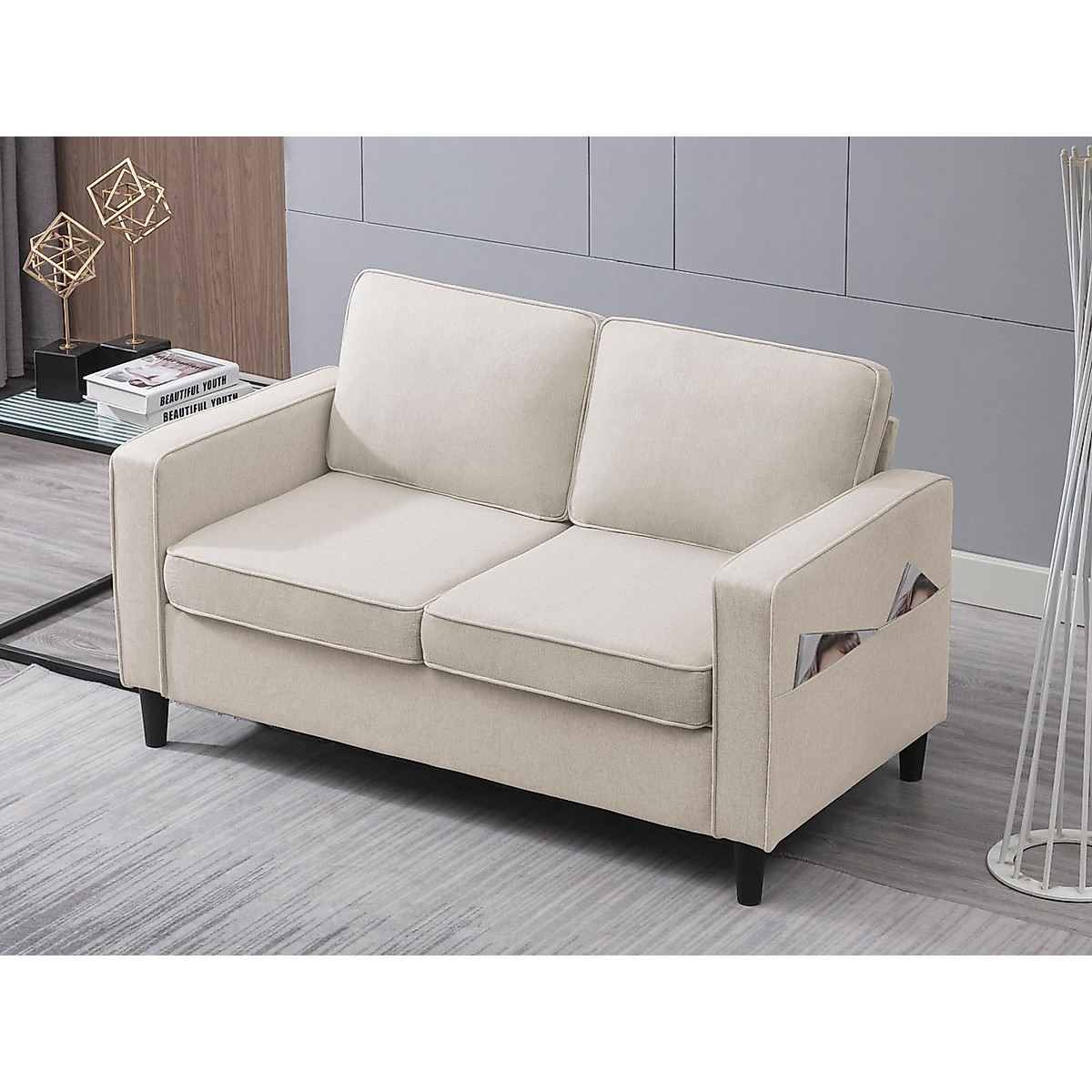 PUREMIND Loveseat Sofa, 54 inch Linen Fabric Small Couch, Modern Upholstered Love Seat Mini Couch with Armrest Pockets, 2 Seater Small Sofa for Small Spaces, Bedroom, Living Room, Office (Beige)