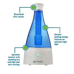 PureGuardian Ultrasonic Cool Mist Humidifier, 30 Hrs. Run Time, 0.5 Gal. Tank Capacity, 350 Sq. Ft. Coverage, Small Rooms, Quiet, Filter Free, Silver Clean Treated Tank, H940AR