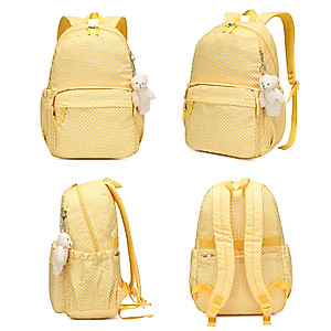Backpack for Girls, Kids Backpack, Waterproof Large Space School Backpacks for Teen Girls, with Hairball Pendant, suitable for Travel and School (Yellow)