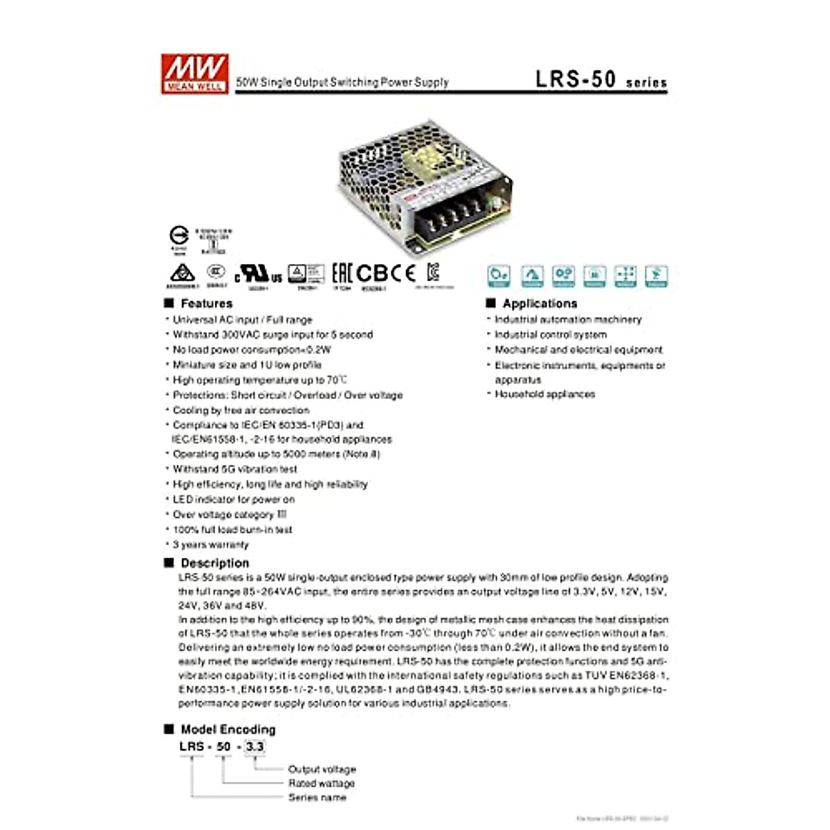 MW Mean Well Enclosed Type LRS-50W-12/15/24/3.3/36/48/5V Non-PFC LRS Series 50W Single Output Switching Power Supply (LRS-50-24)