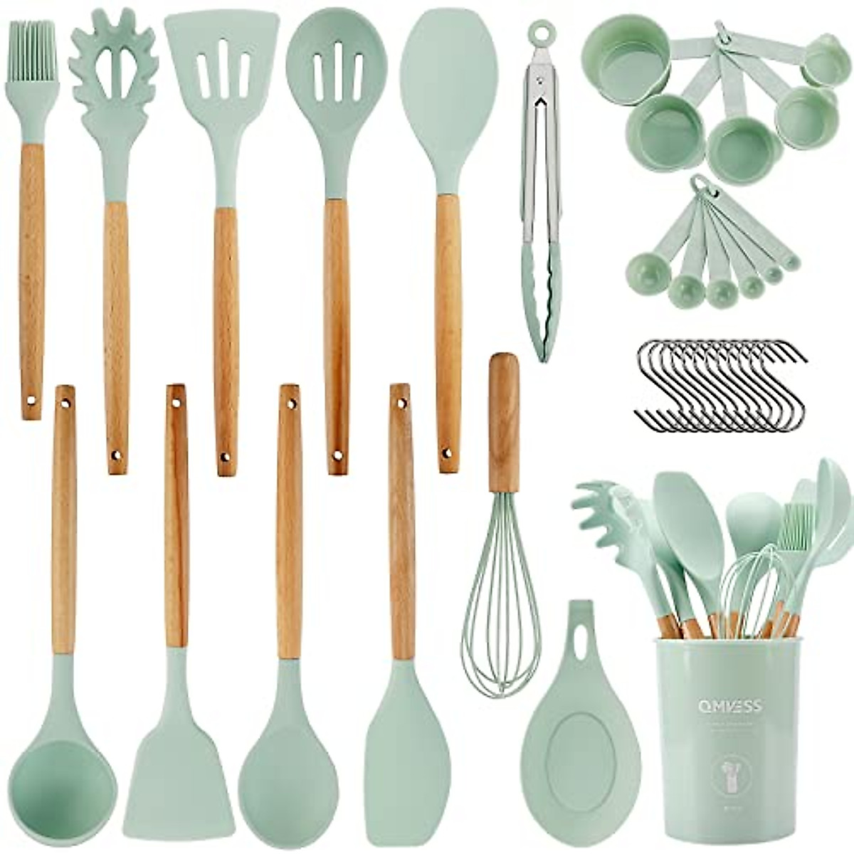 Kitchen Utensils Set, QMVESS 35 Pcs Non-Stick Silicone Cooking Utensils Set with Holder, Sturdy Wooden Handle, Heat Resistance Silicone Spatula Spoon Kitchen Gadgets Utensils Set (Light Green)