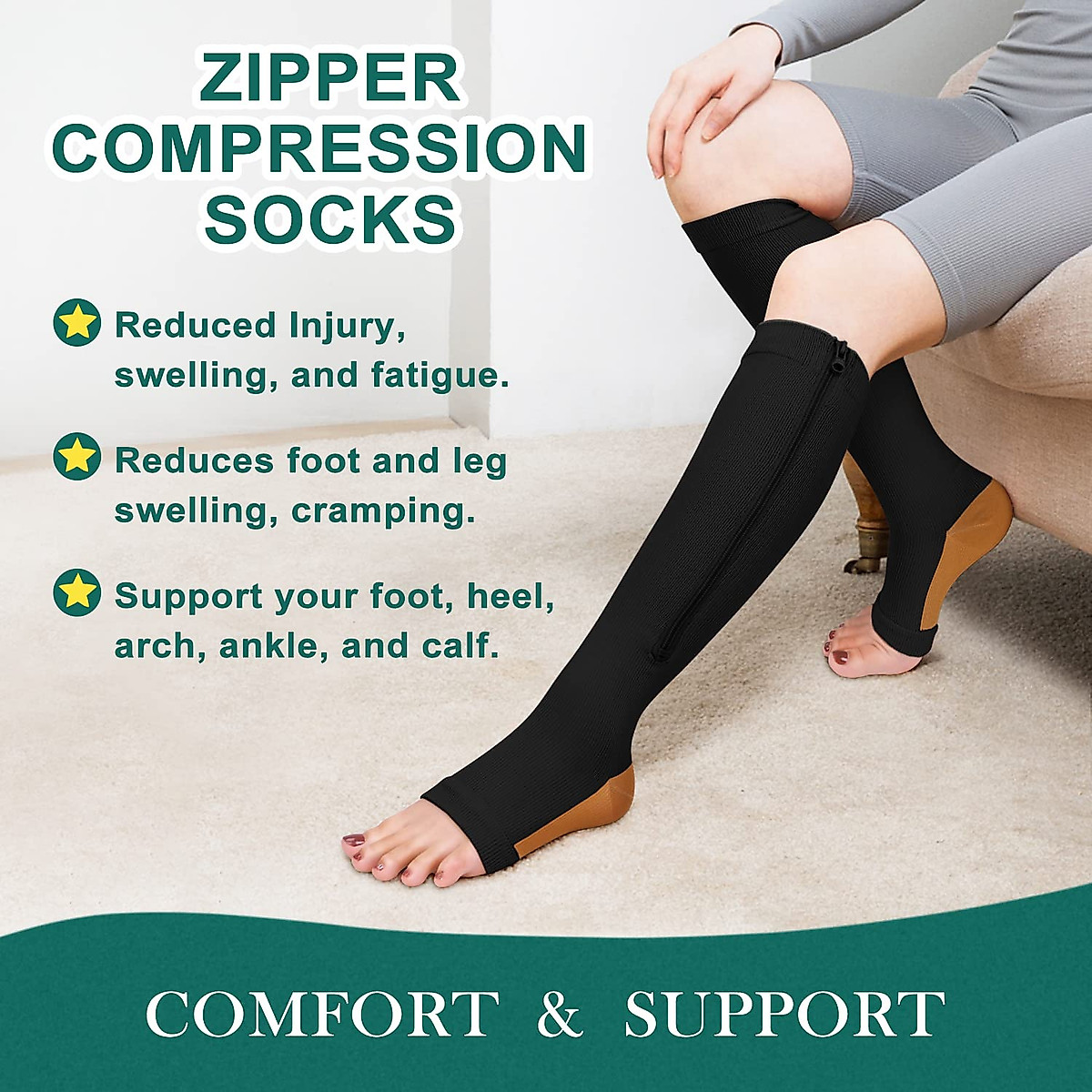 2 Pairs Copper Zipper Compression Socks 15-20mmgh-Calf Knee High Open Toe Support Stocking Compression Stocking