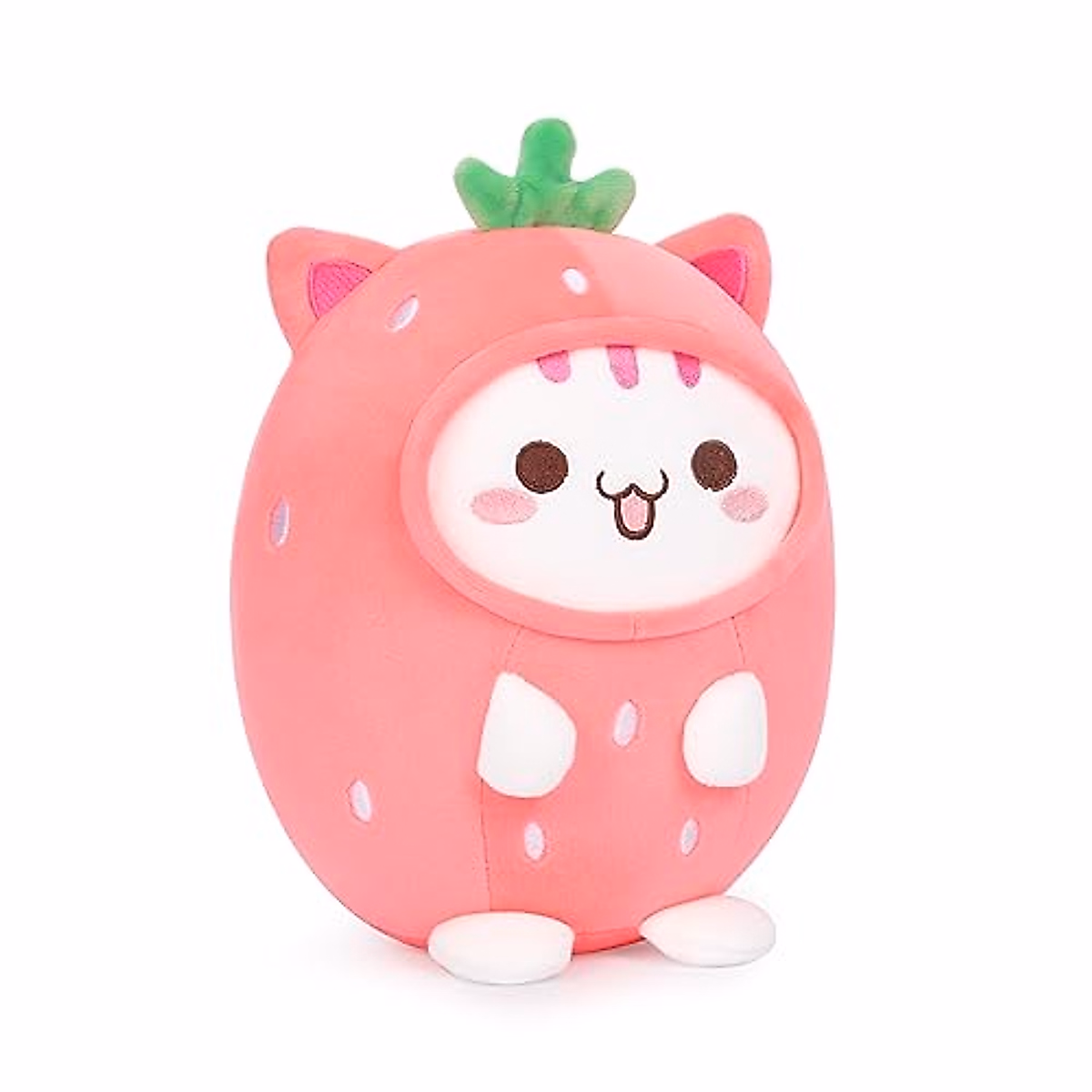 AIXINI Cute Strawberry Cat Plush Pillow 8" Kitten Stuffed Animal, Soft Kawaii Cat Plushie with Strawberry Outfit Costume Gift for Kids